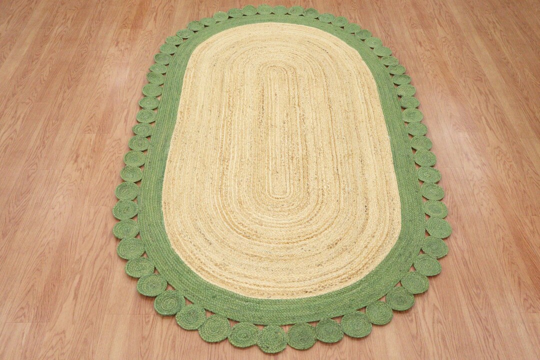 Green Oval Scallop Rug, Natural Scalloped Jute Rug, Hallway Runner Rug ...