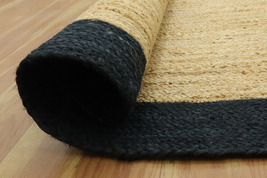 Extra Large Round Area Rug Indian Handmade Jute Area Rug Black Bordered ...