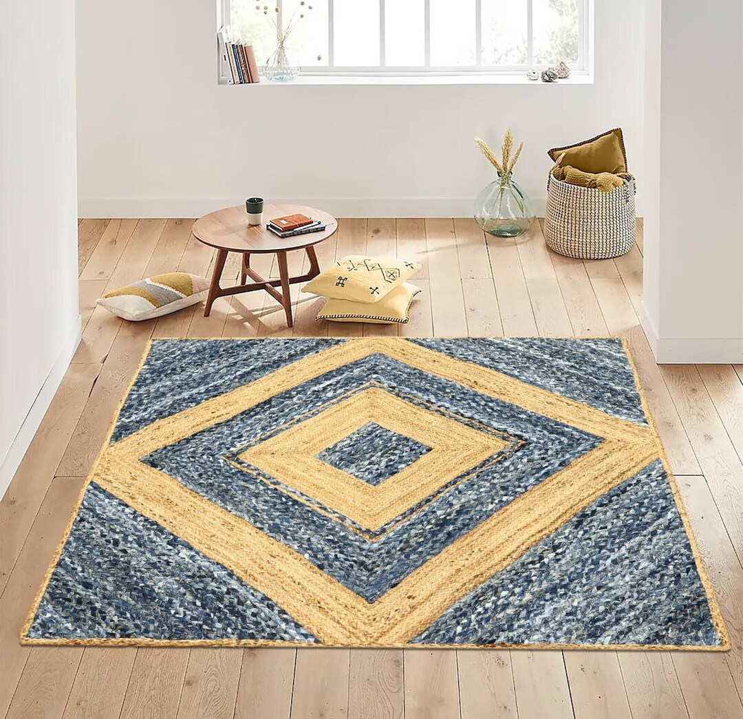 Hand Braided Blue Cotton Square Area Rug Natural Beige Jute Floor Decor ...