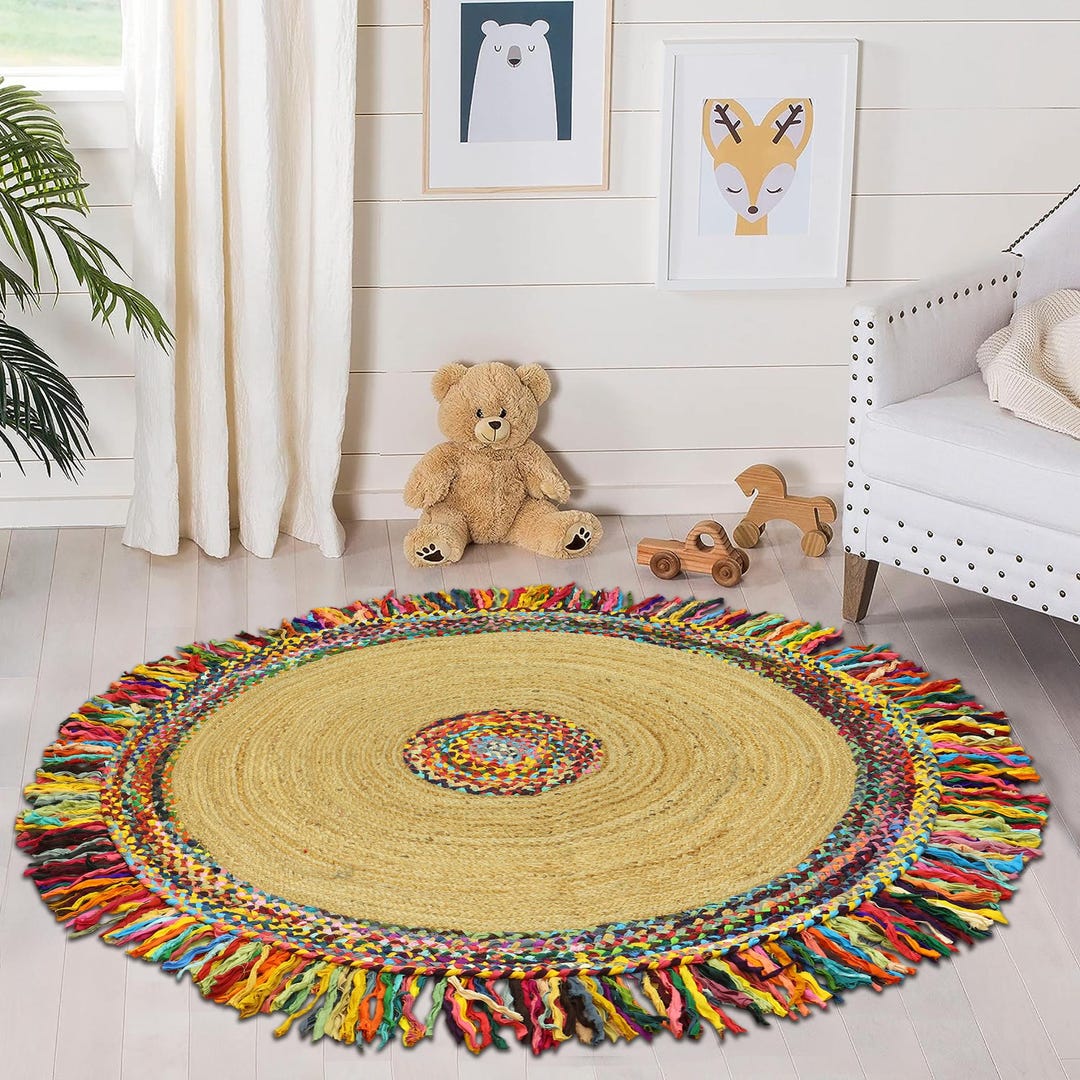 Handmade Red Chindi Cotton Rug, Multicolor Round Rug, Yellow Circle Rug ...