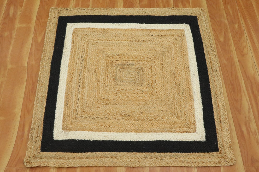 Indian Braided Woven Black Jute Square Area Rug Natural Beige Jute ...