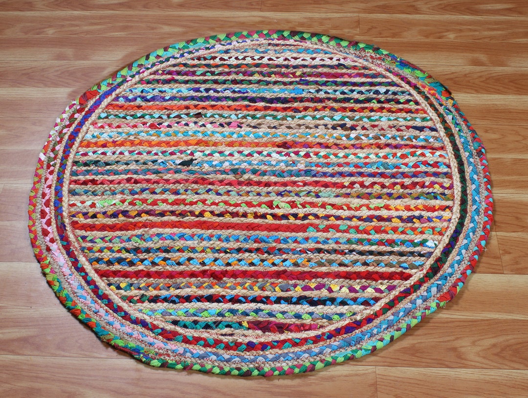 Round Chindi Cotton Rug Hand-braided Jute Rug Bohemian Jute Kilim ...