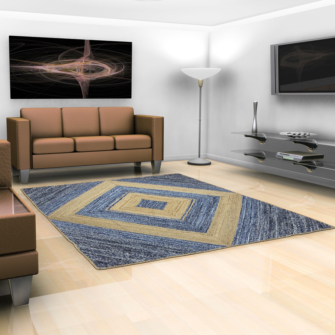 Blue Beige Boho Rug Natural Jute Fiber Chindi Cotton Rug Hand - Etsy