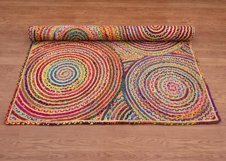 Hand Woven Braided Jute Rug, Multicolor Chindi Cotton Carpet - Etsy