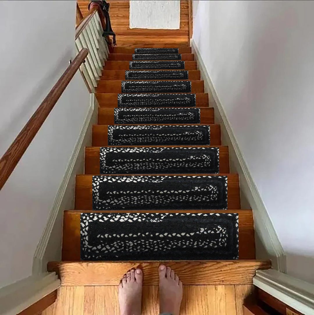 Handmade Black Stair Steps Rug, Cotton Stair Steps, Hand Braided Chindi ...