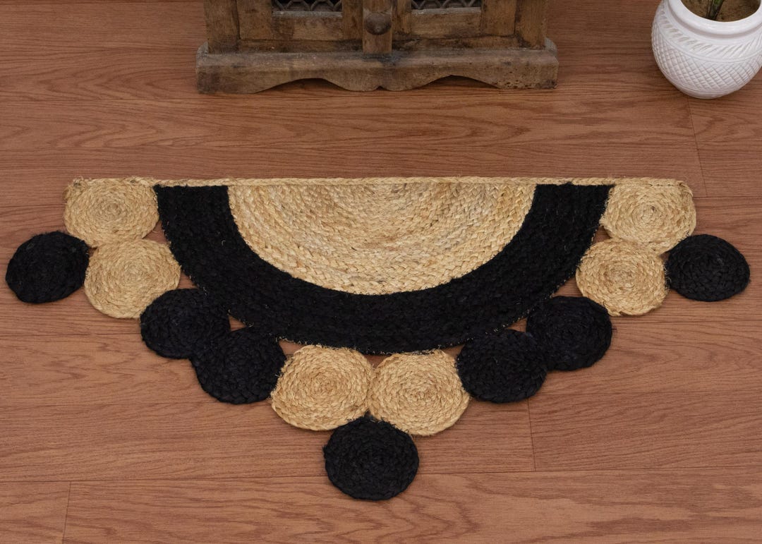 Handmade Black Jute Half Round Rug, Scalloped Doormat - Etsy