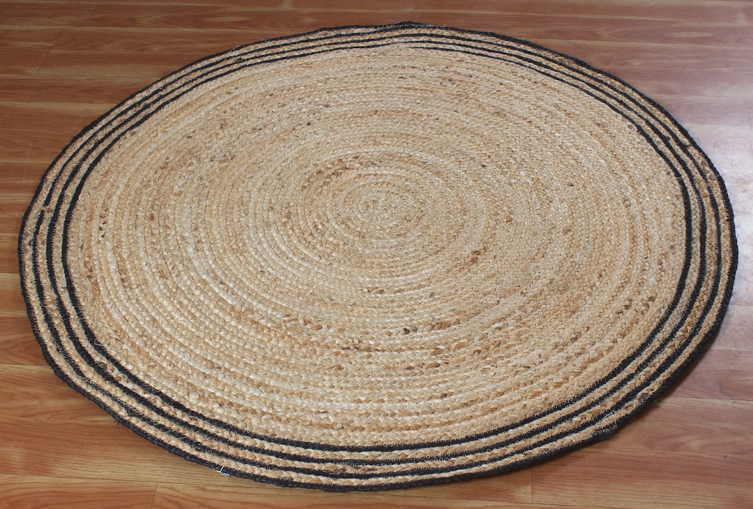 Indian Hand-braided Round Rug Black Beige Jute Rug Handmade Living Room ...