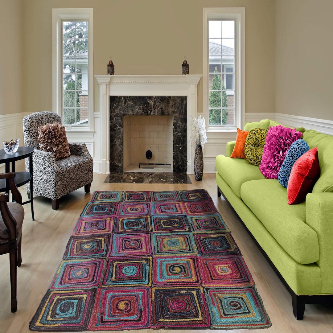 Hand Braided Multicolor Jute Rug, Boho Square Area Rug - Etsy