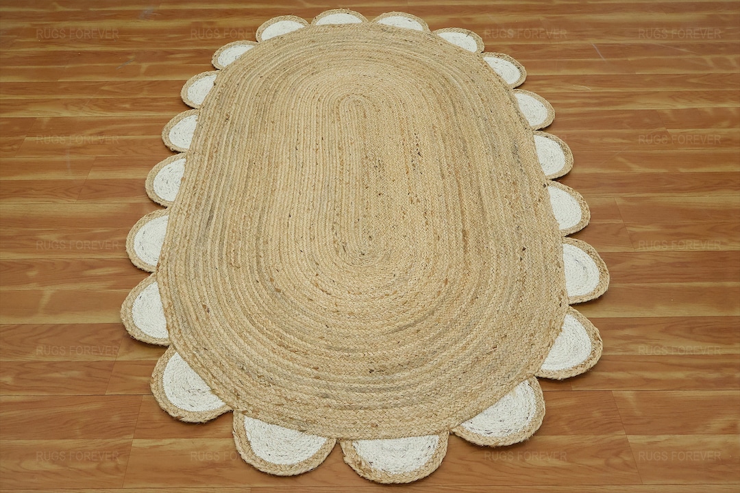 White Natural Scalloped Oval Jute Rug Hallway Runner Rug Scalloped ...