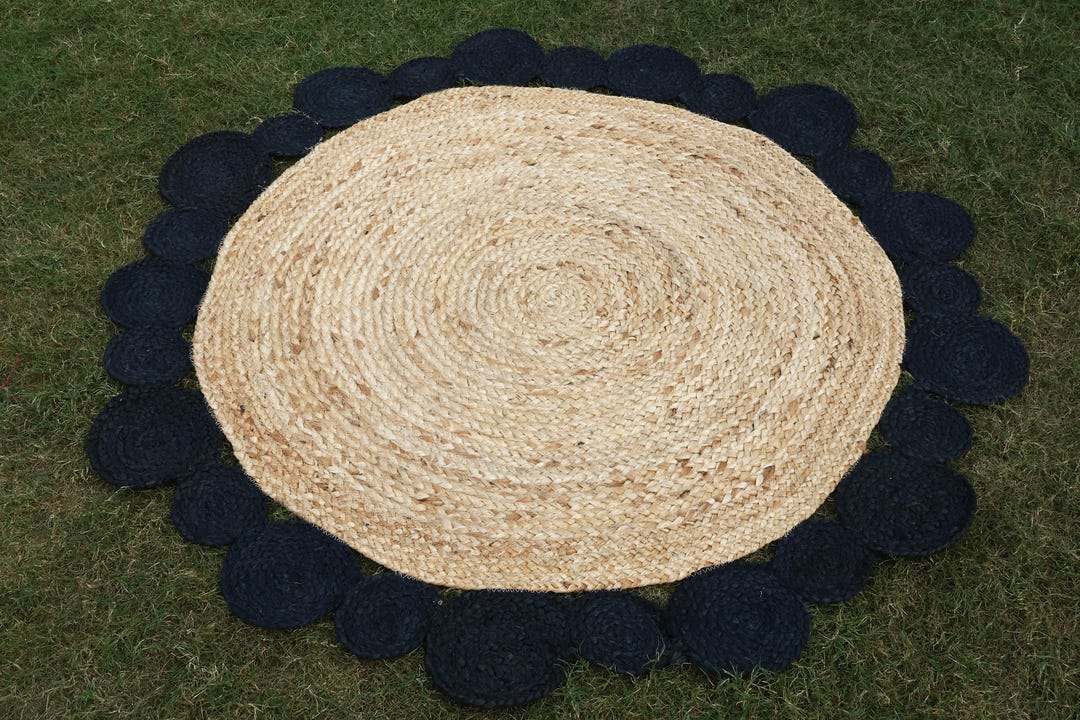 Chindi Rug Boho Rug Chindi Cotton Rug Area Rug Black Scalloped Jute Rug ...