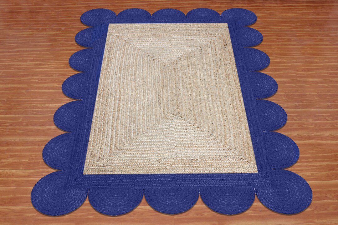 Indian Natural Scalloped Jute Rug Blue Scallop Living Room Carpet ...
