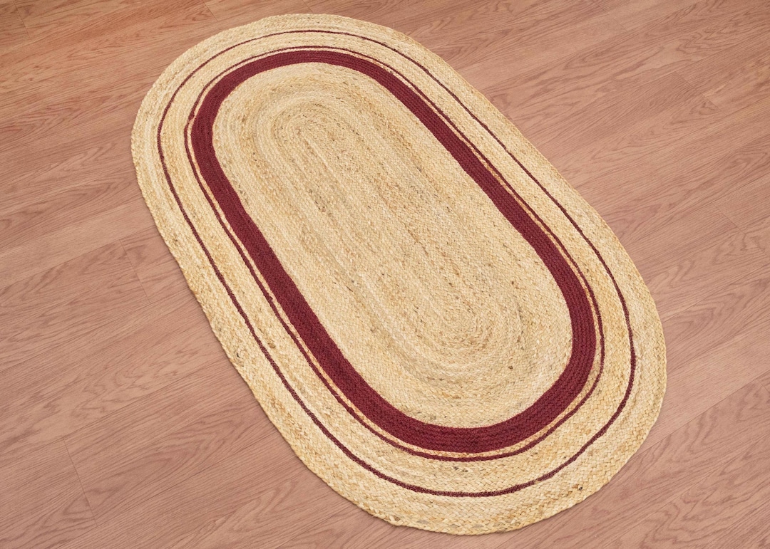 Handmade Beige Oval Jute Rug, Maroon Braided Boho Decor - Etsy