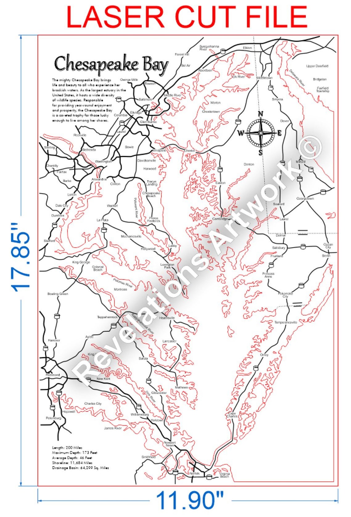 Detailed Chesapeake Bay Map - Vector File for Laser Cutting \ Engraving ...