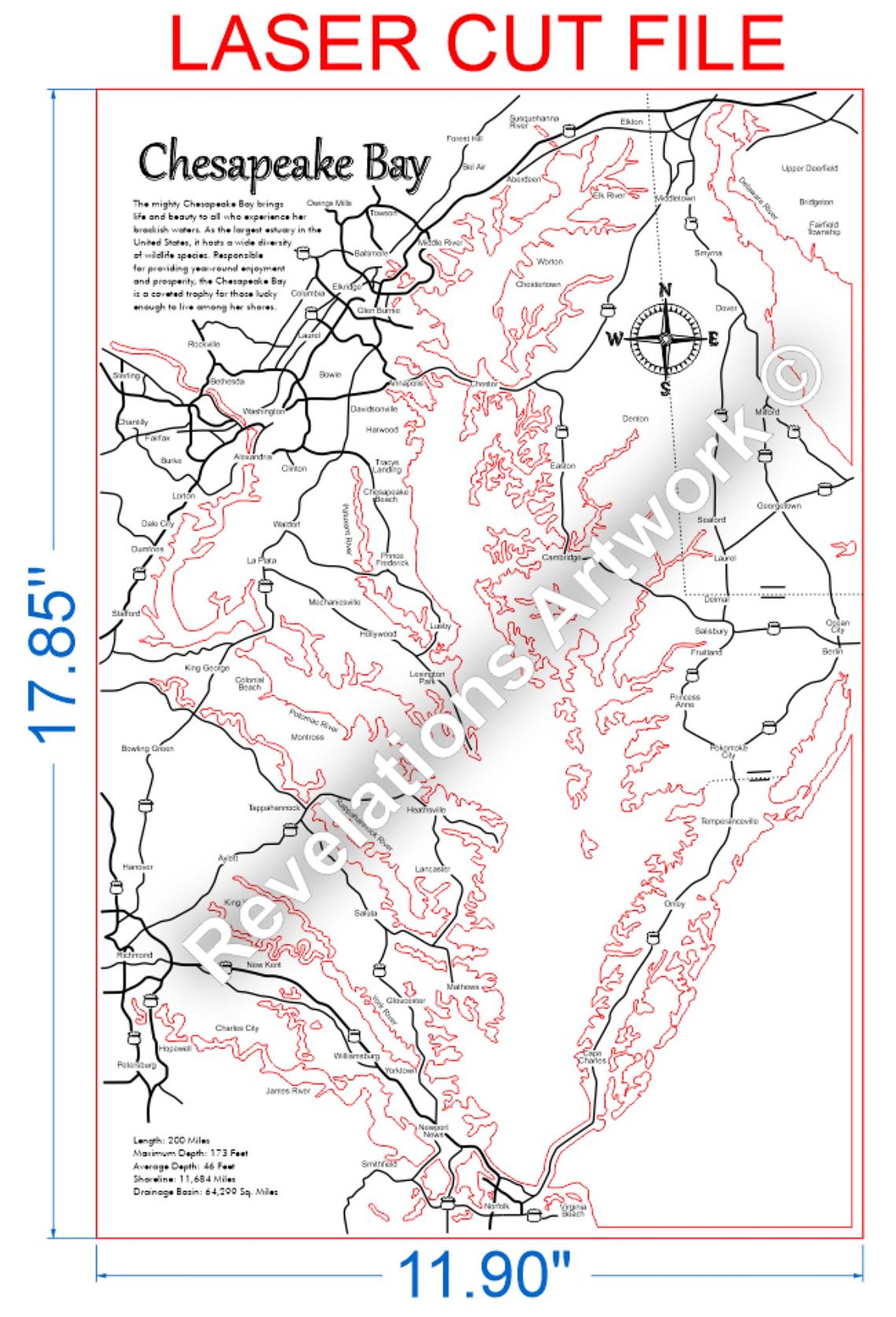 Detailed Chesapeake Bay Map - Vector File for Laser Cutting \ Engraving ...