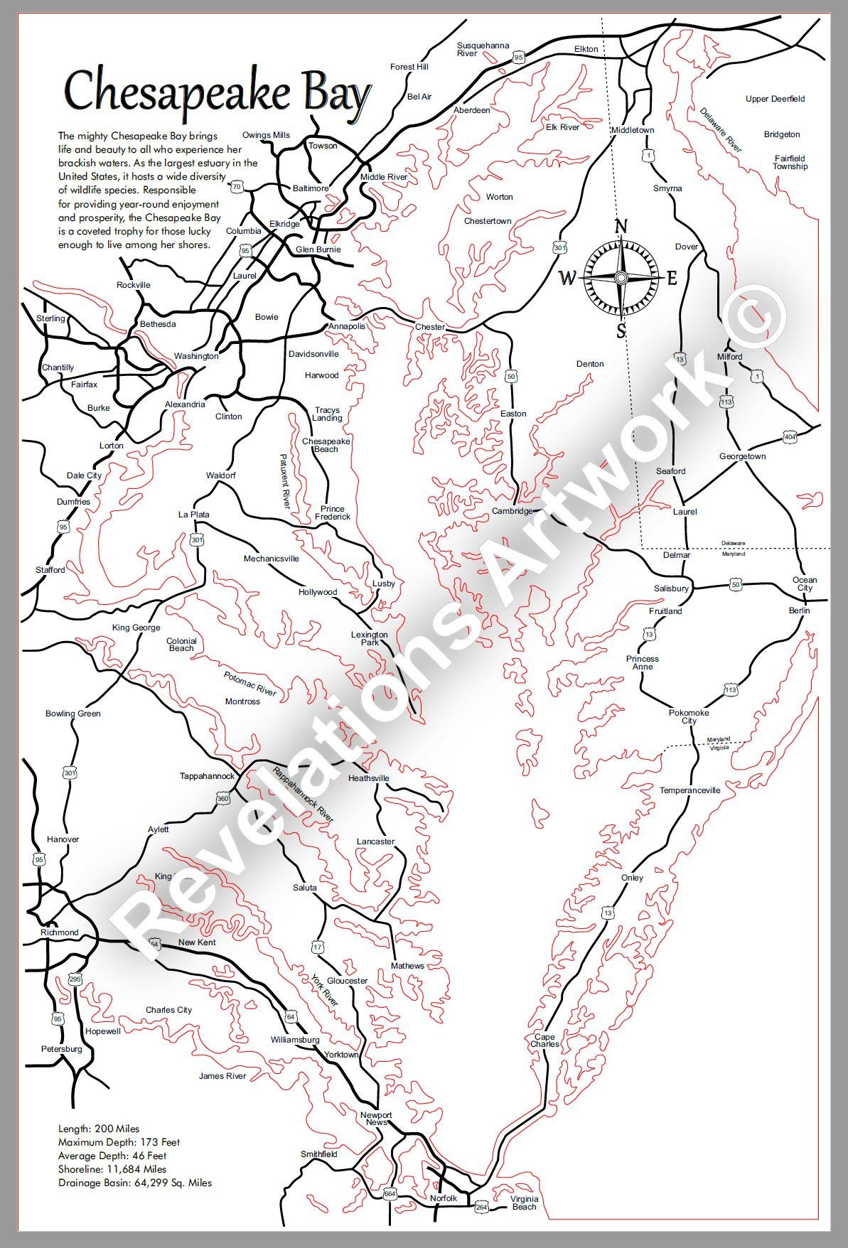 Detailed Chesapeake Bay Map - Vector File for Laser Cutting \ Engraving ...