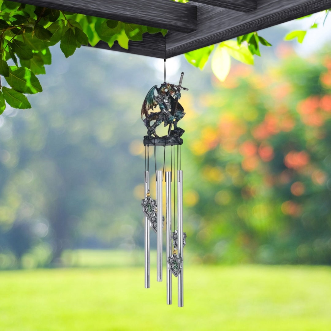 23" Long Round Top Armored Dragon Wind Chime Statue Fantasy Decoration ...