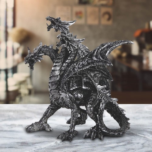 Medieval 3-headed Silver Dragon Statue Fantasy Decoration - Etsy