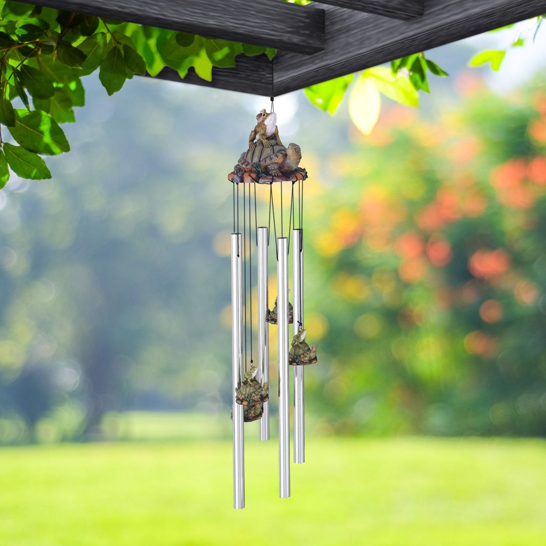 23" Long Frog and Turtle Round Top Wind Chime Statue Fantasy Decoration ...