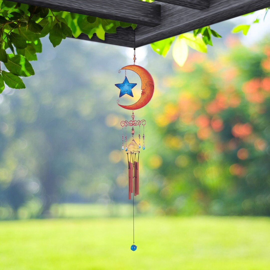 23" Long Celestial Wind Chime Copper & Gem Moon Star Hanging Wind Chime ...