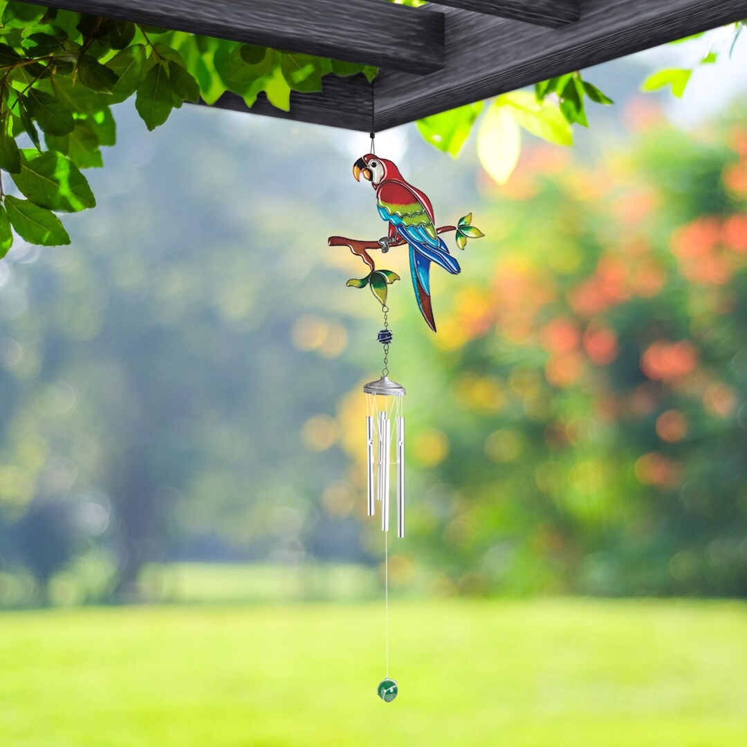 34" Long Red Parrot Pewter Wind Chime With Gem Statue Fantasy ...