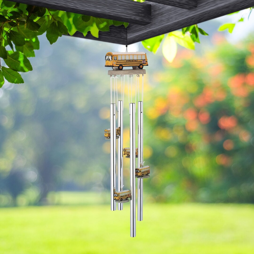 23" Long School Bus Round Top Wind Chime Statue Fantasy Decoration Room ...