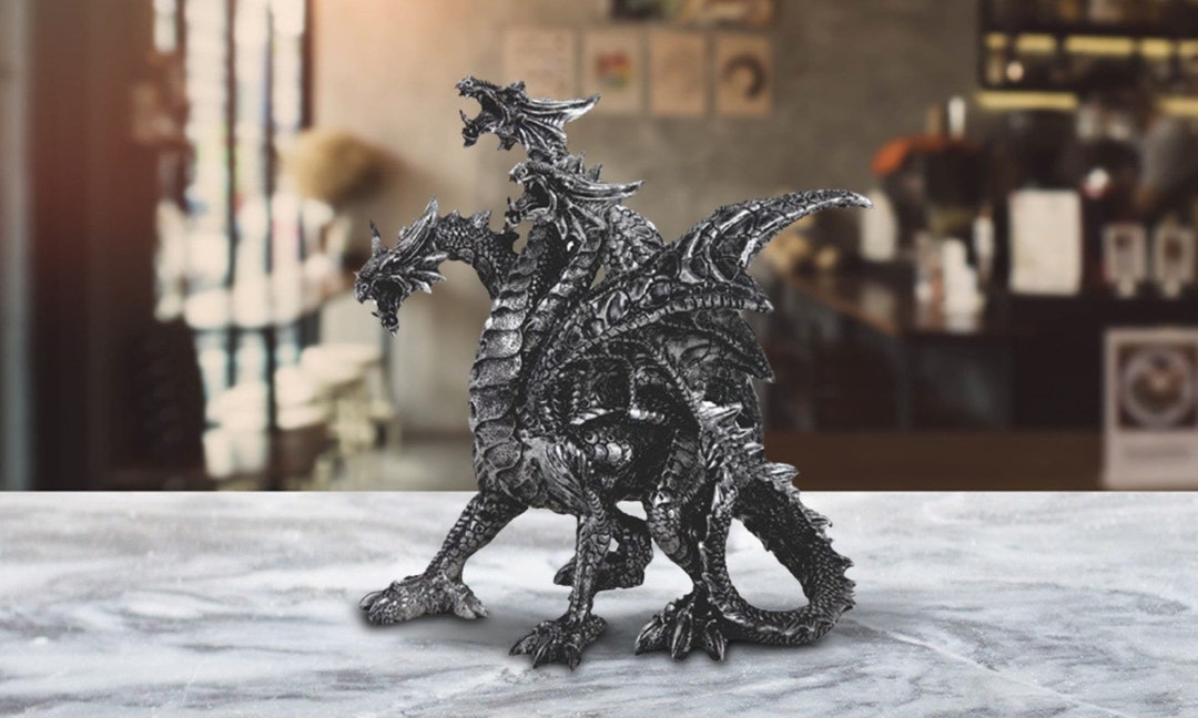 Medieval 3-headed Silver Dragon Statue Fantasy Decoration Figurine 7 ...