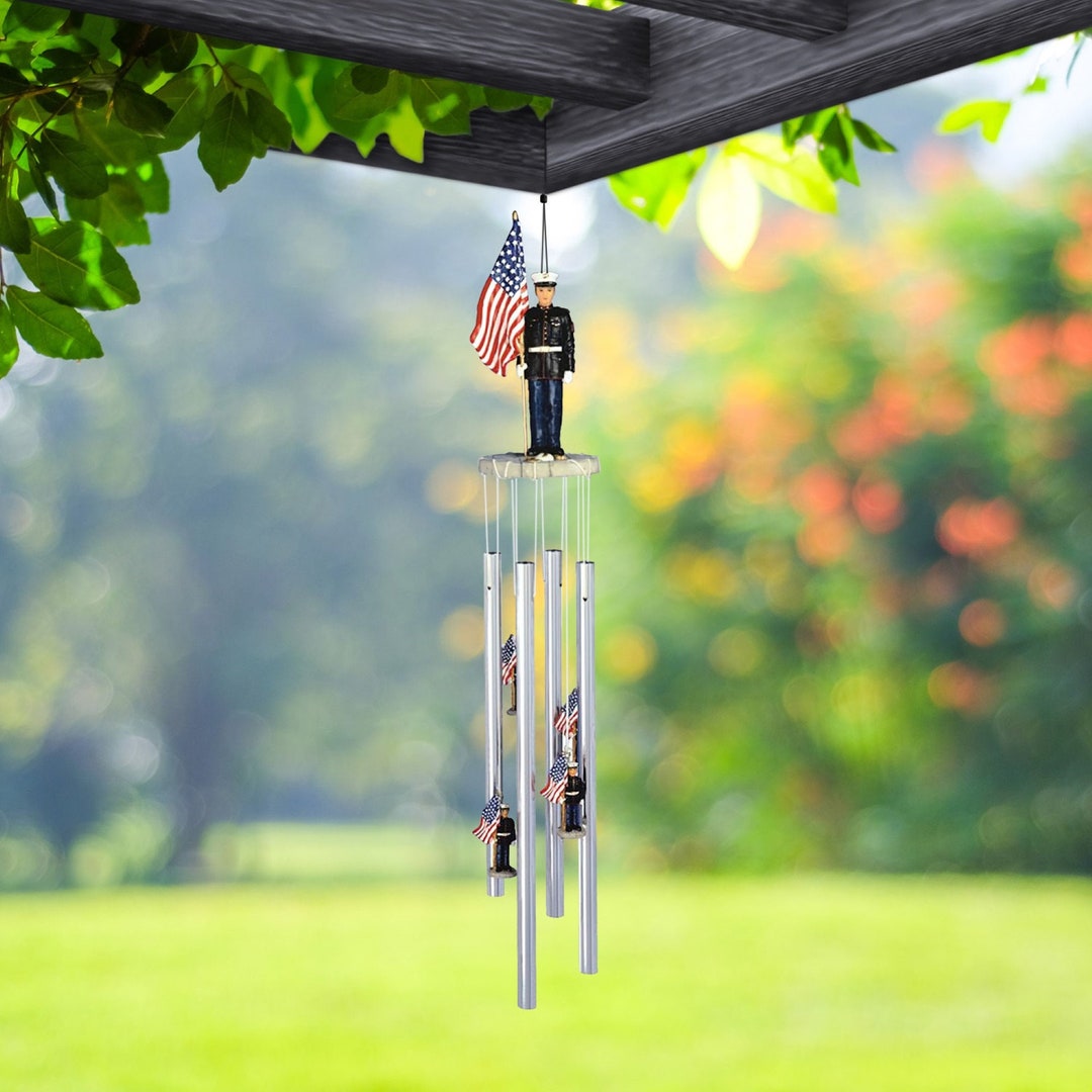 23" Long US Marine With US Flag Round Top Wind Chime Statue Fantasy ...