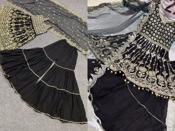 Black Beautiful Embroidery Sequence Sharara Suitindian - Etsy