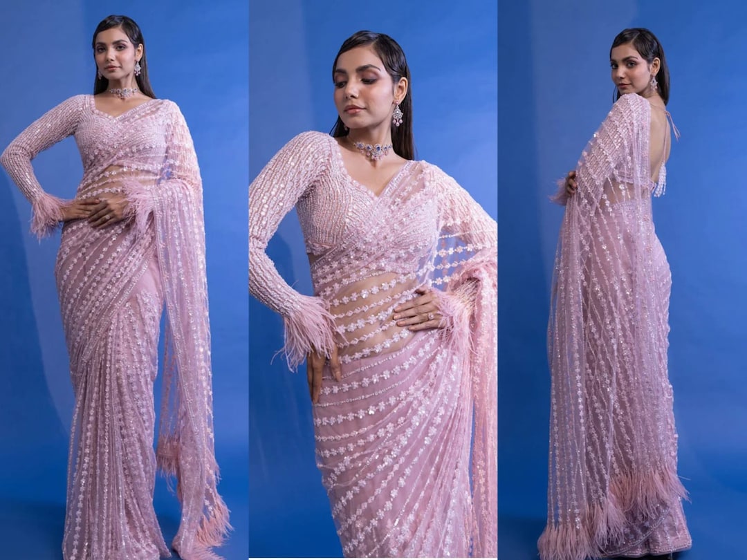 Designer Beautiful Soft Net Saree With Fancy Milky Rainbow Embroidery ...