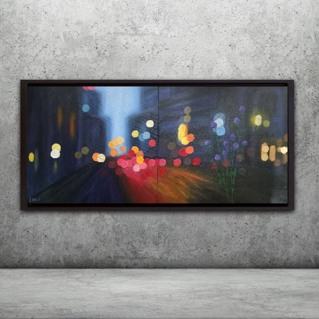 Original Bokeh Cityscape Painting: Red Lights Diptych Art - Etsy