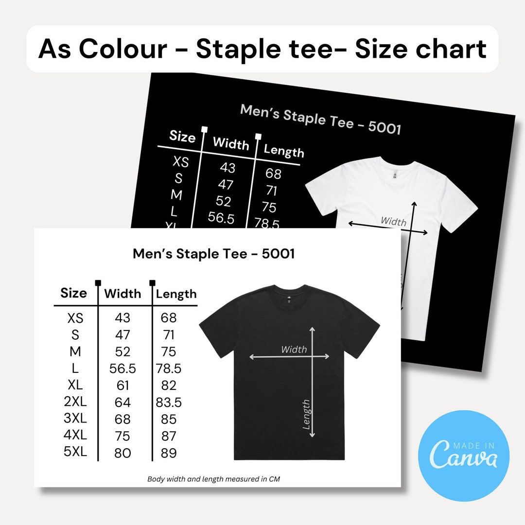 Editable T-shirt Size Chart: as Colour 5001 Staple Tee (PDF) - Etsy