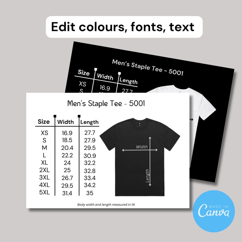 As Colour Staple Tee Size Chart 5001 - T-shirt Sizing Chart - Clothing ...