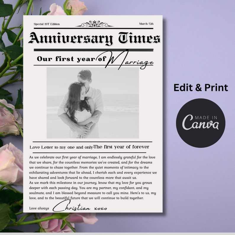 1st Wedding Anniversary Paper Gift | Custom Newspaper Template | One ...
