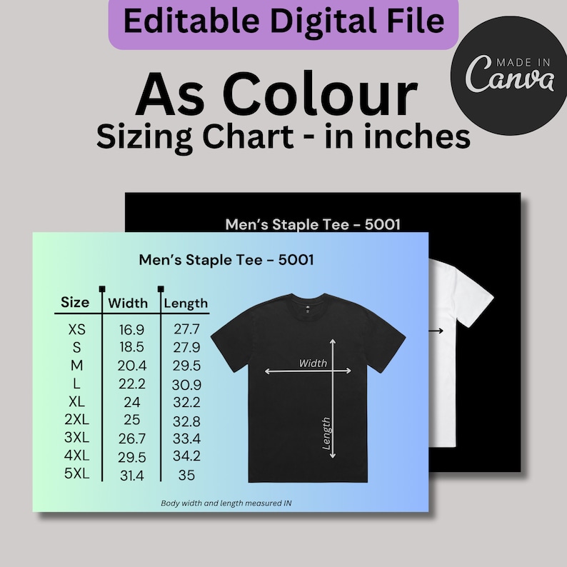 As Colour Staple Tee Size Chart 5001 - T-shirt Sizing Chart - Clothing Size Chart in Inches - Etsy
