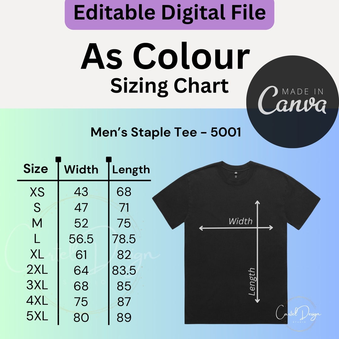 T-shirt Size Chart as Colour Staple 5001 Tee Sizing Chart - Etsy