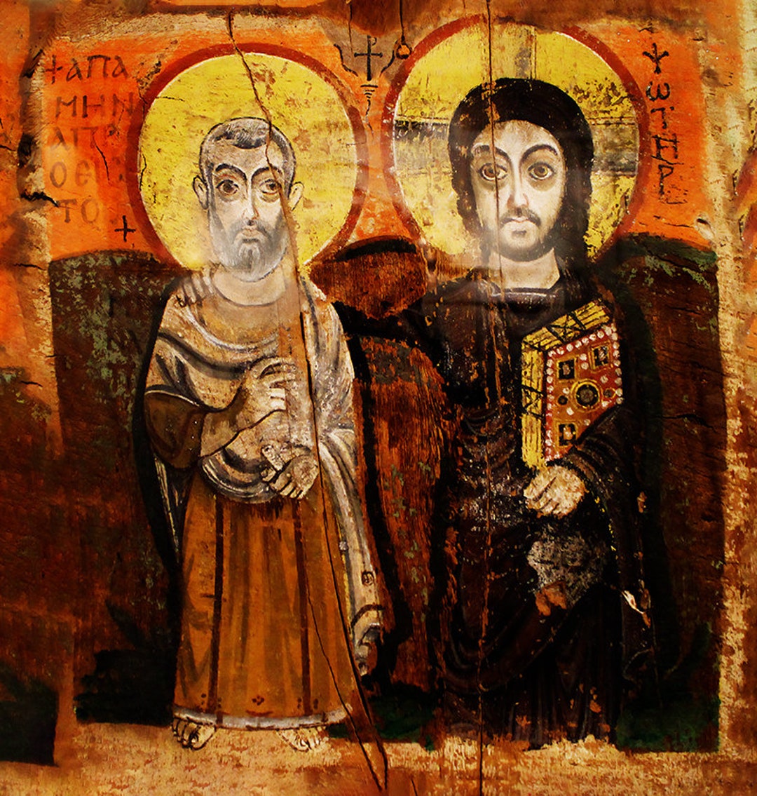 Icon of Friendship Christ and Saint Menas icon Painting on Canvas Ready ...