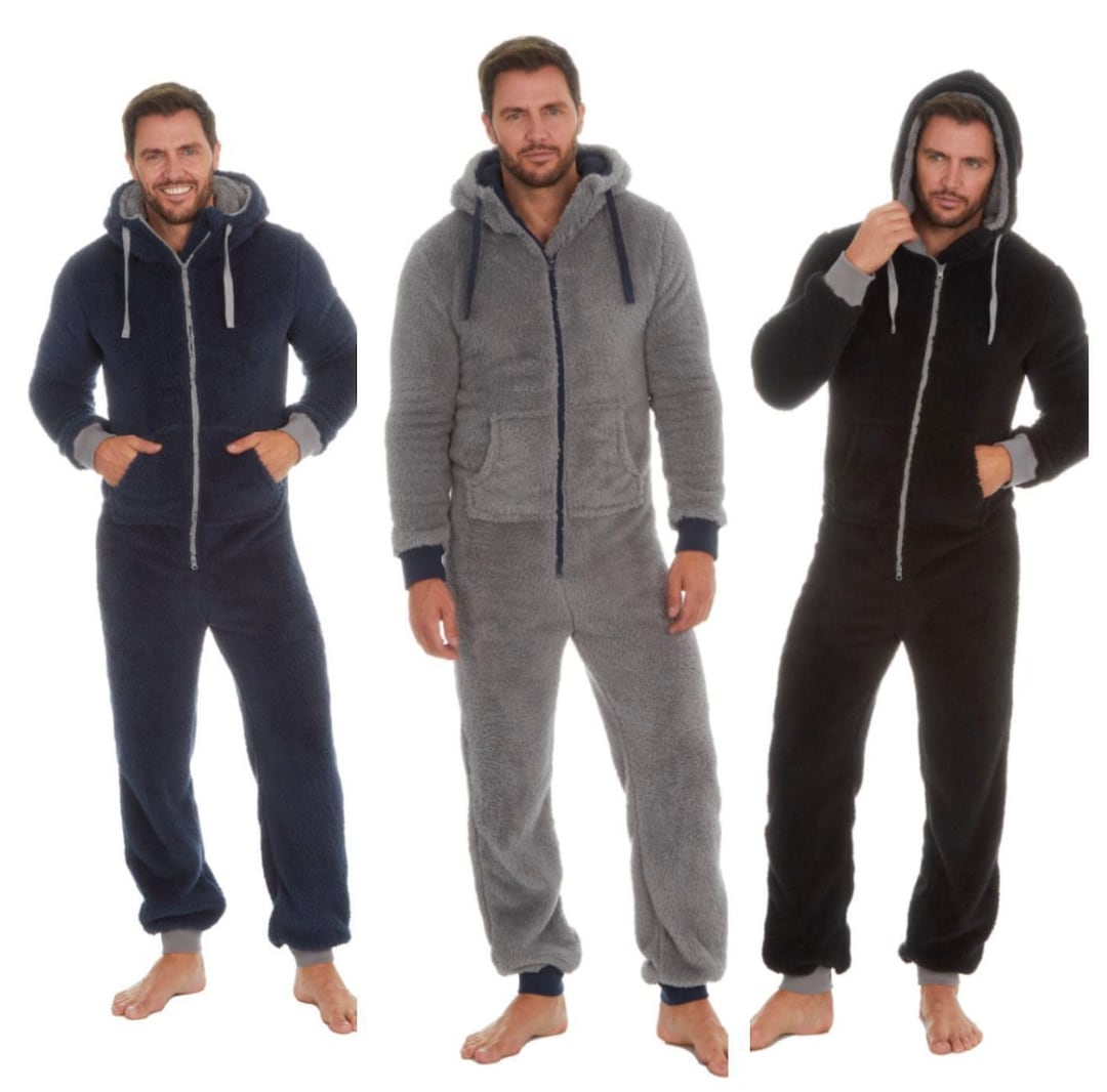 Mens Warm Hooded Snuggle Fit Warm Bodysuit Onesie Jumpsuit Size S M L ...