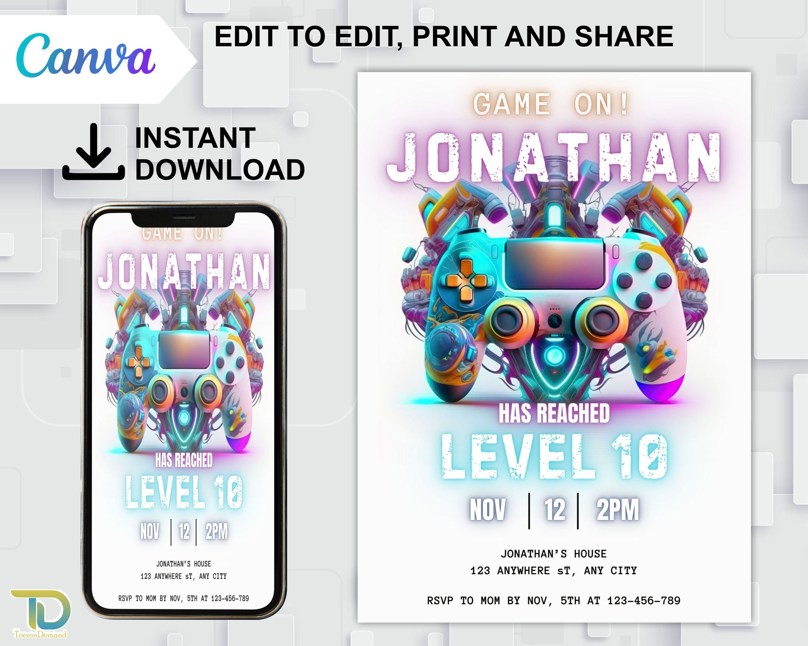 Editable Gaming Birthday Invitation, Gamer Invitation, 5x7 Editable ...