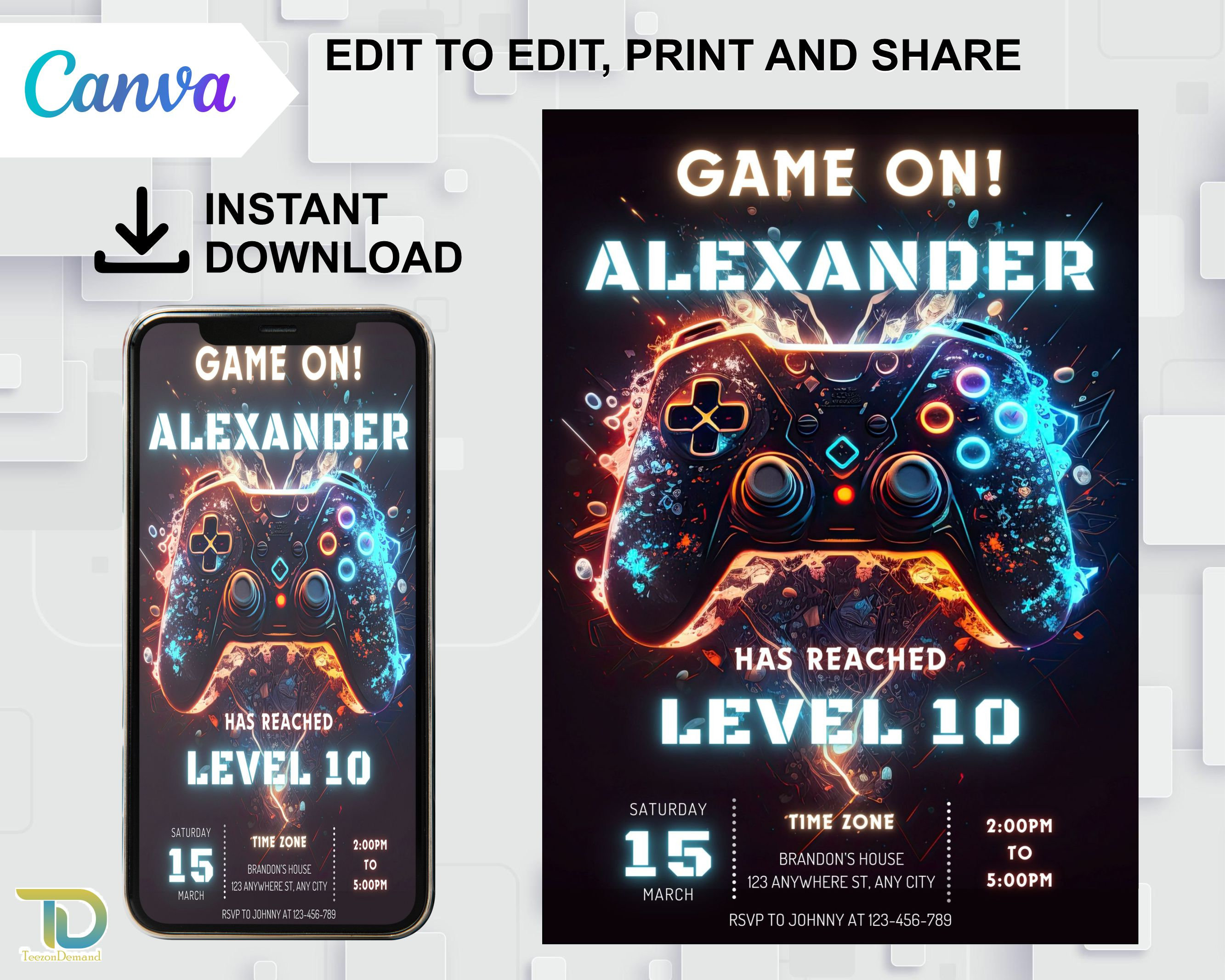 Editable Gaming Birthday Invitation, Gamer Invitation, 5x7 Editable ...