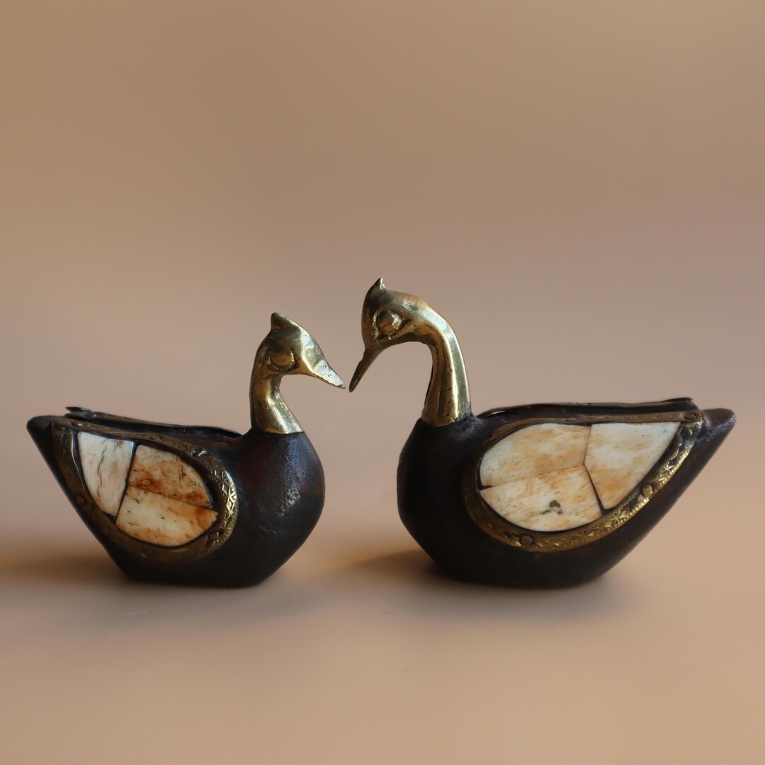 Vintage Pair of Indian Hand Carved Wooden Duck Figurines, Inlay Carved ...