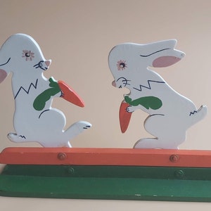 Vintage Handmade Wooden Toy With Two Movable Rabbits, Hand Painted ...