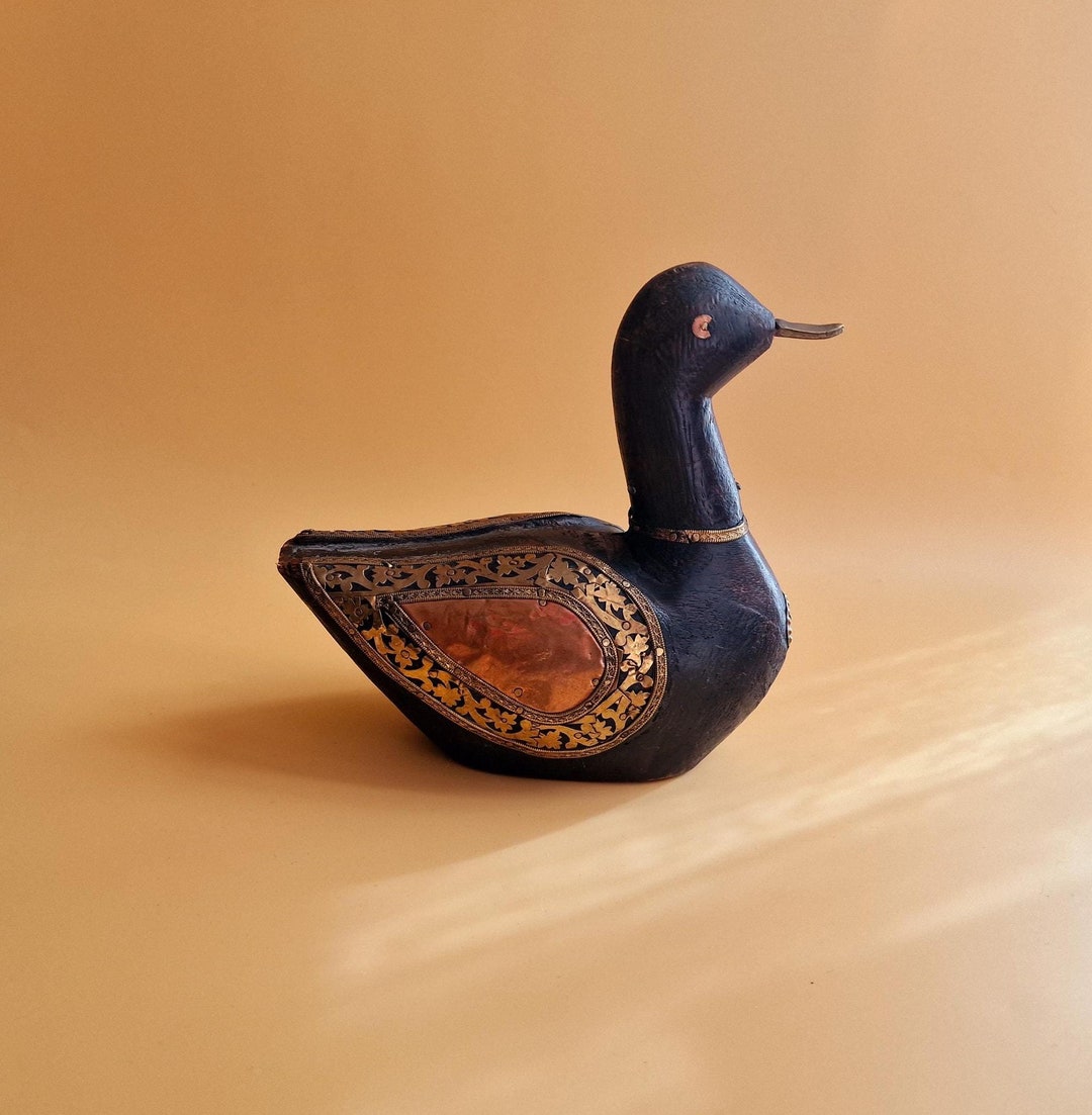 Vintage Indian Large Hand Carved Wooden Duck Figurine, Inlay Carved ...