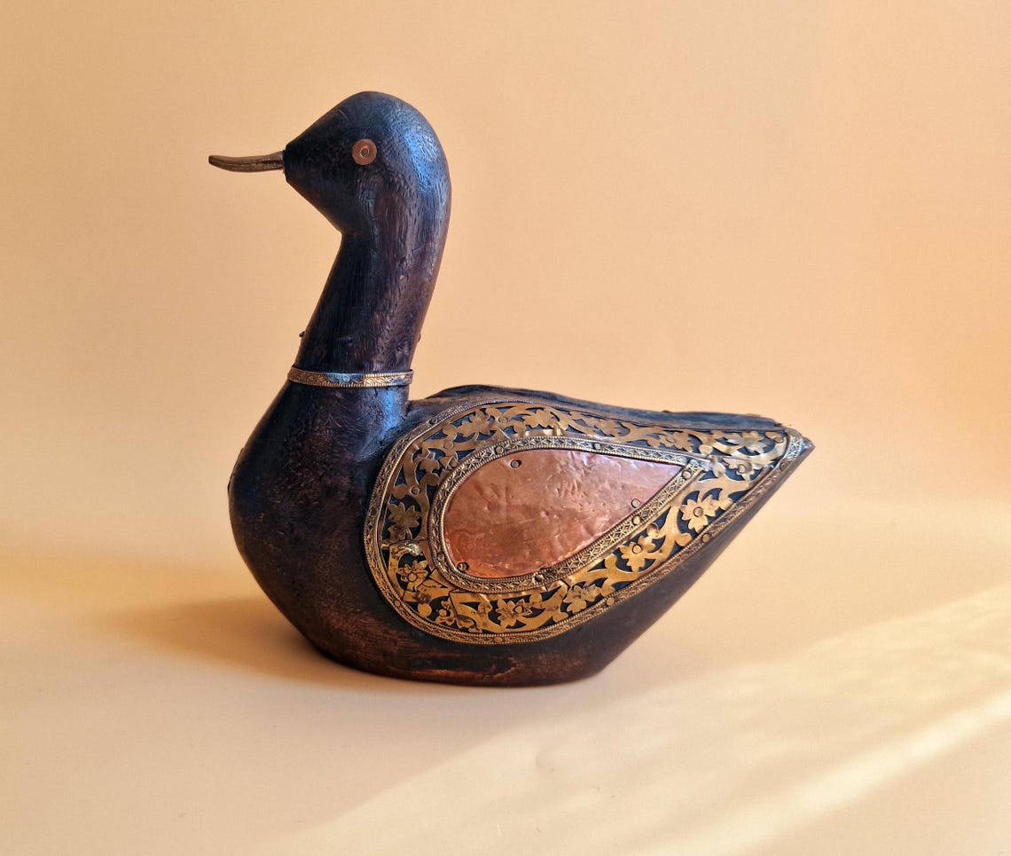 Vintage Indian Large Hand Carved Wooden Duck Figurine, Inlay Carved ...