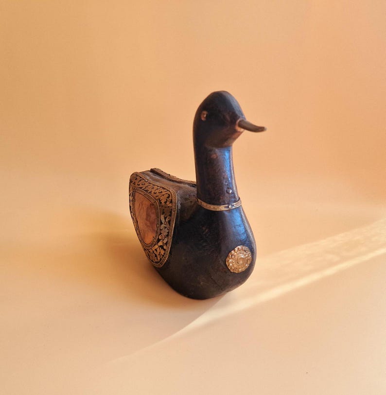 Vintage Indian Large Hand Carved Wooden Duck Figurine, Inlay Carved ...