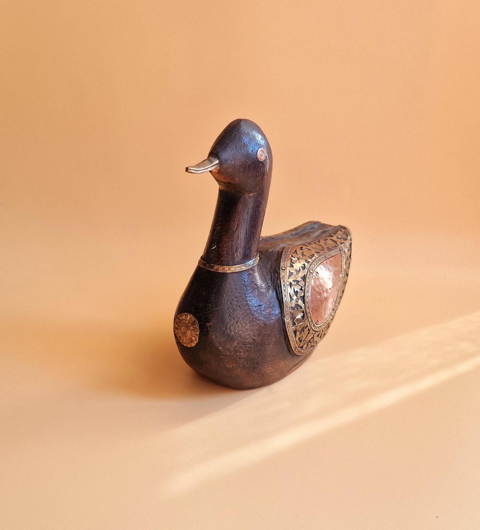Vintage Indian Large Hand Carved Wooden Duck Figurine, Inlay Carved ...