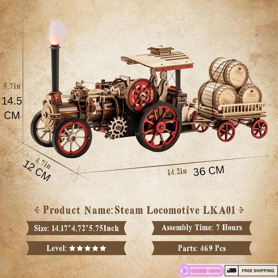 3D Wooden Steam Locomotive Puzzle: DIY Mechanical Train Model Kit - Etsy