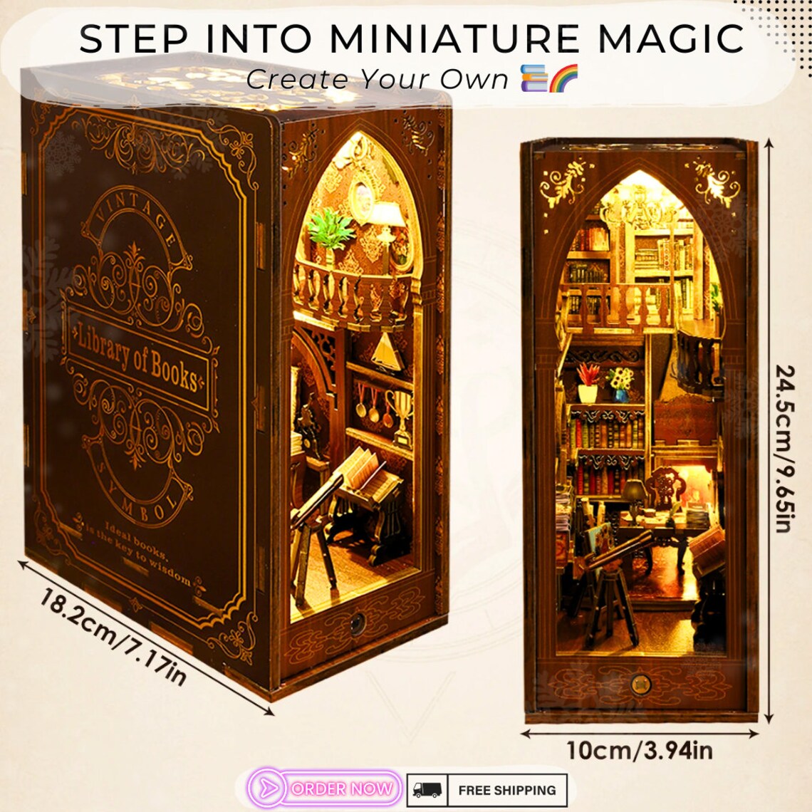 3D Wooden Puzzle Book Nook Shelf Kit Miniature DIY Assembly Bookshelf ...