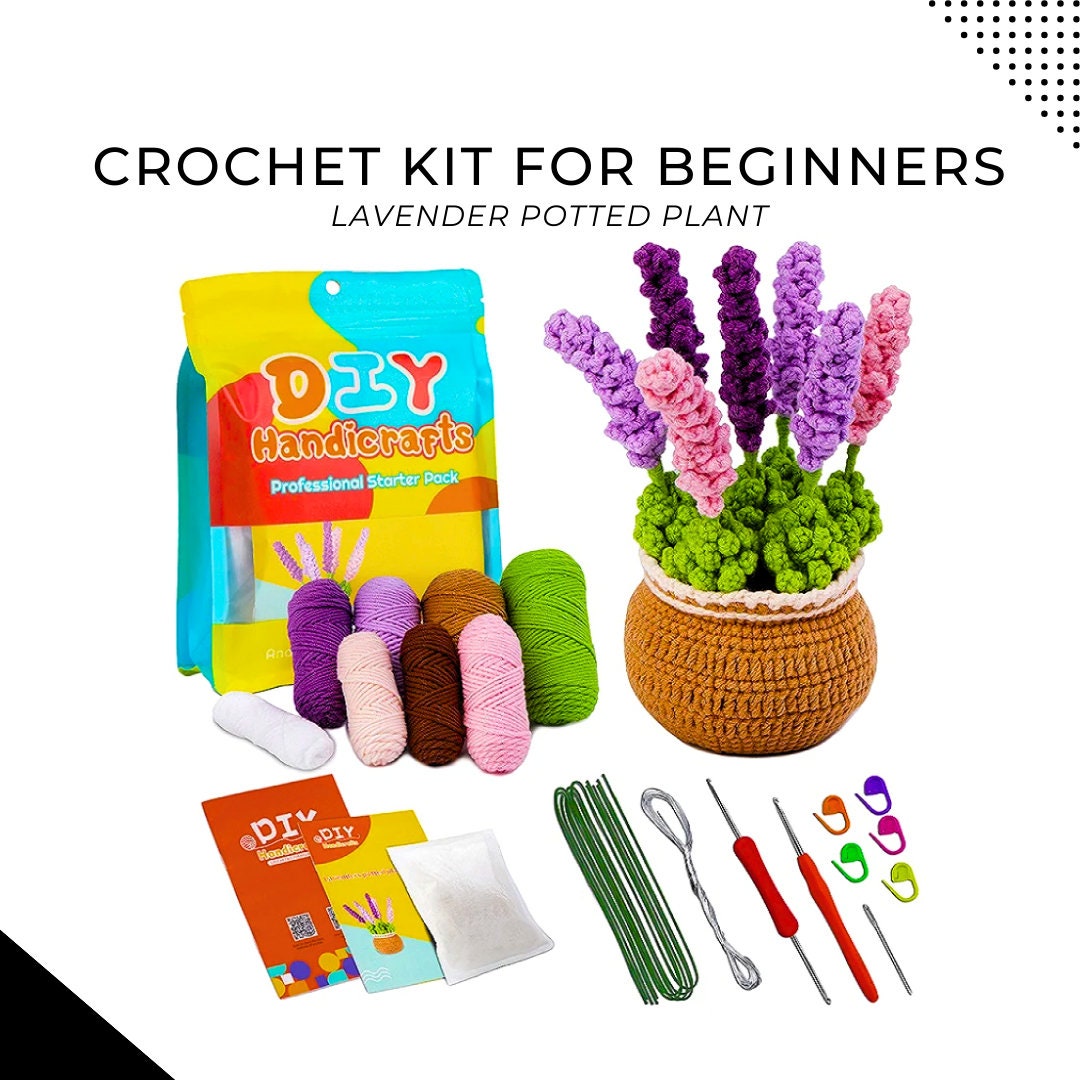 Beginner Crochet Kit: Lavender Potted Plant, Cotton Yarn & DIY Guide - Etsy