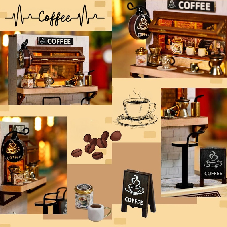 DIY Coffee Time Miniature Dollhouse Kit Cosy Wooden Diorama With Light ...