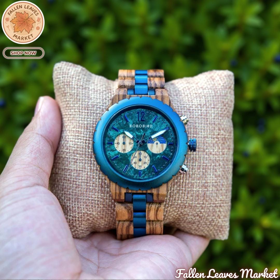 Men's Wooden Chronograph Watch, Blue Steel, Day-night Moon Phase - Etsy